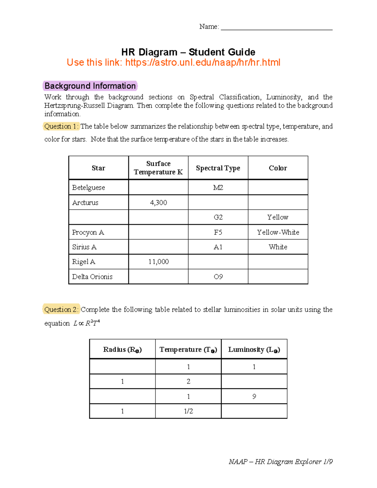LAB-5 HR diagram - mmmm - Name: HR Diagram – Student Guide Background ...