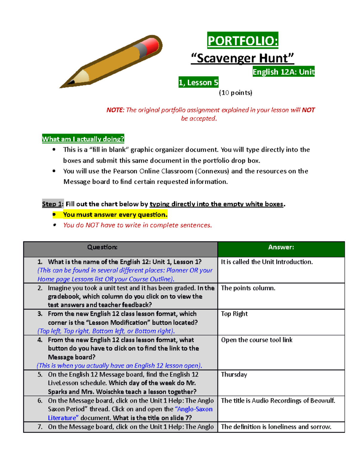 Unit 1 lesson 5 - work - PORTFOLIO: “Scavenger Hunt” English 12A: Unit ...