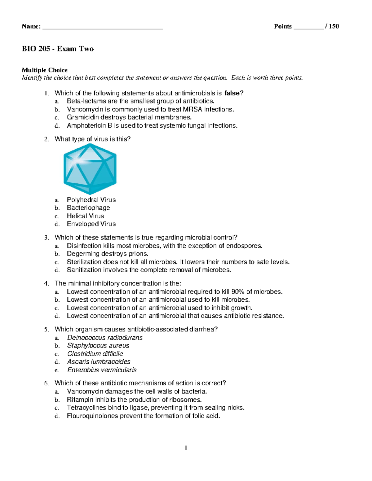 BIO 205 - Exam Two - 2014 - Previous Exam Used - Name