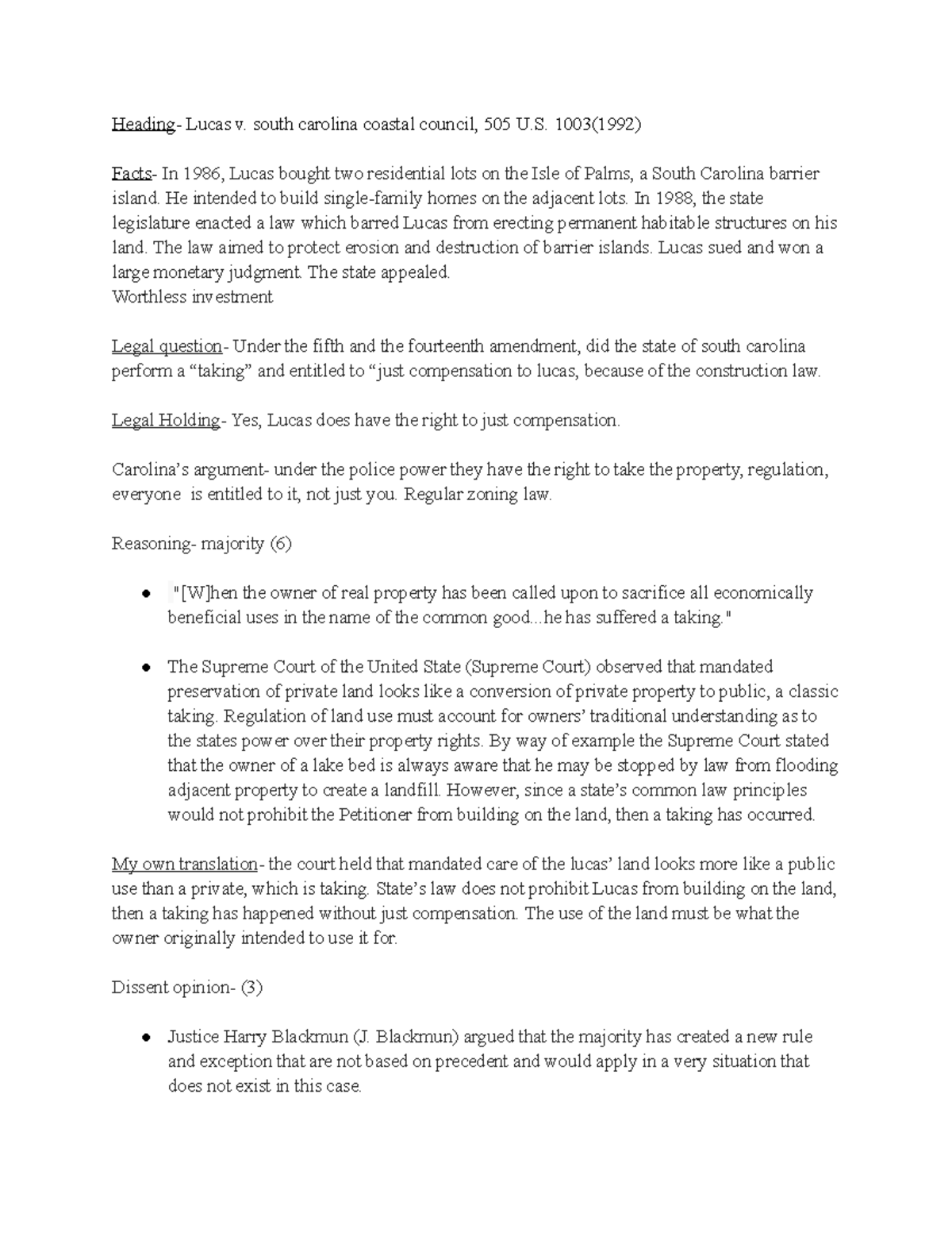 Lucas vs south carolina coastal council - Heading- Lucas v. south ...