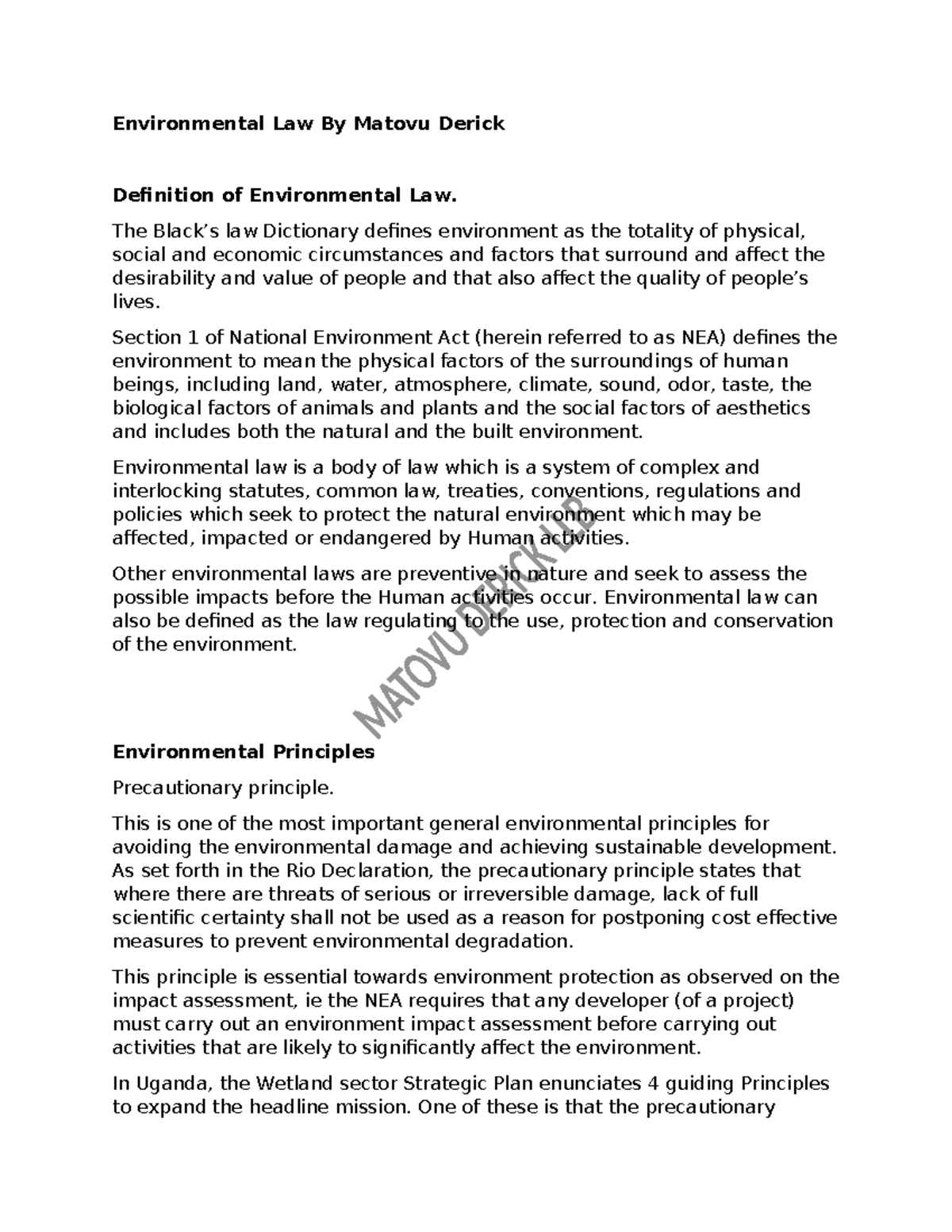 Environmental Law derrick - Environmental Law By Matovu Derick ...
