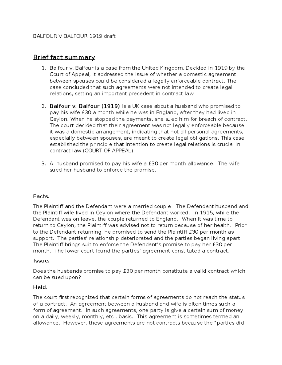 Balfour v Balfour - BALFOUR V BALFOUR 1919 draft Brief fact summary 1 ...