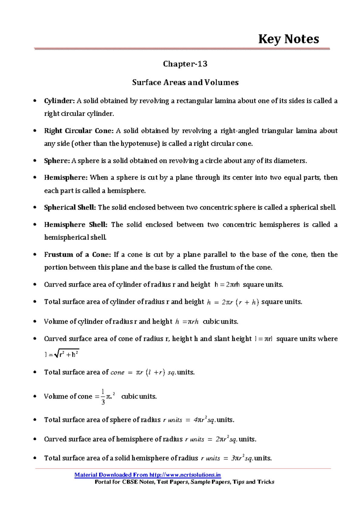 10 maths key notes ch 13 surface areas and volumes - Key Notes Material ...