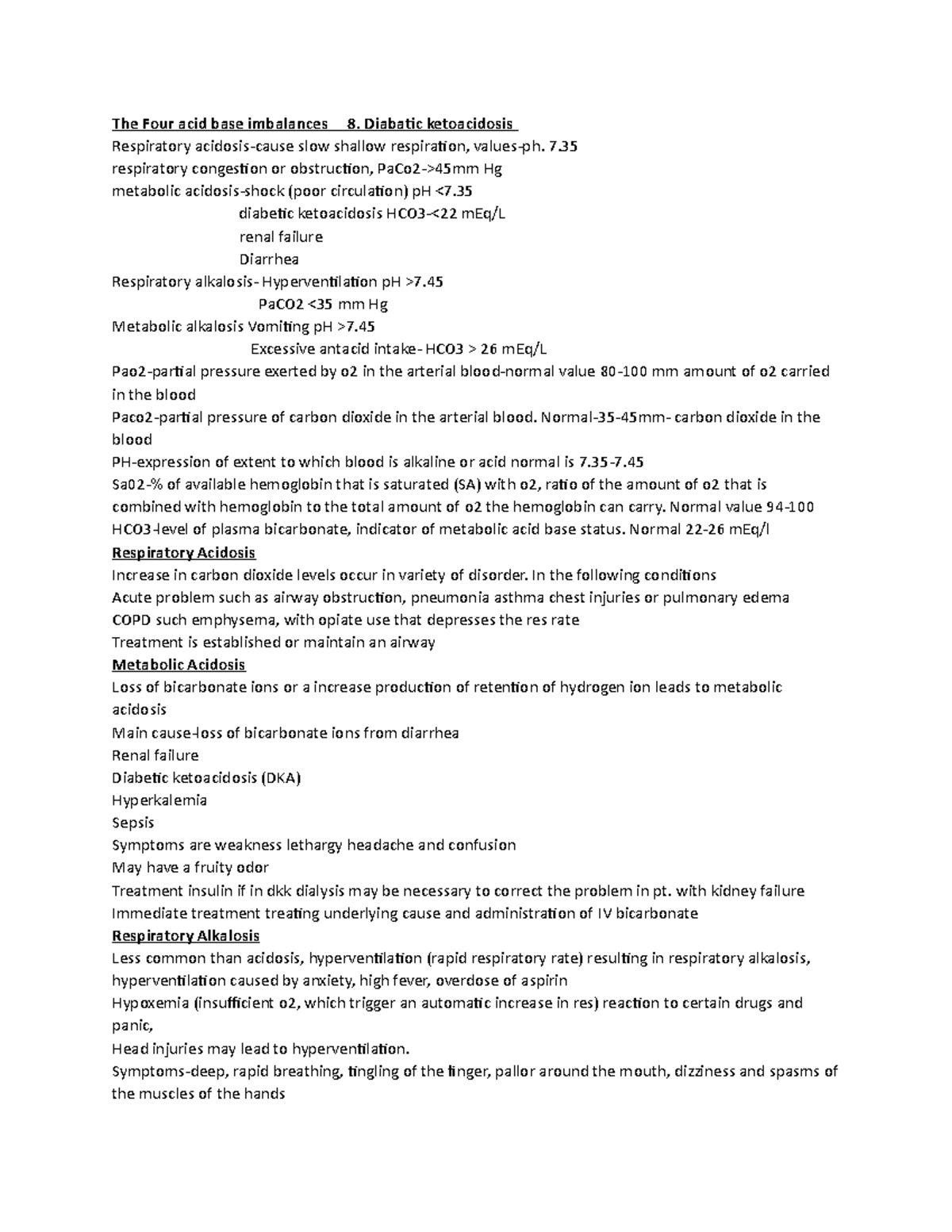 Acid base - Review - The Four acid base imbalances 8. Diabatic ...