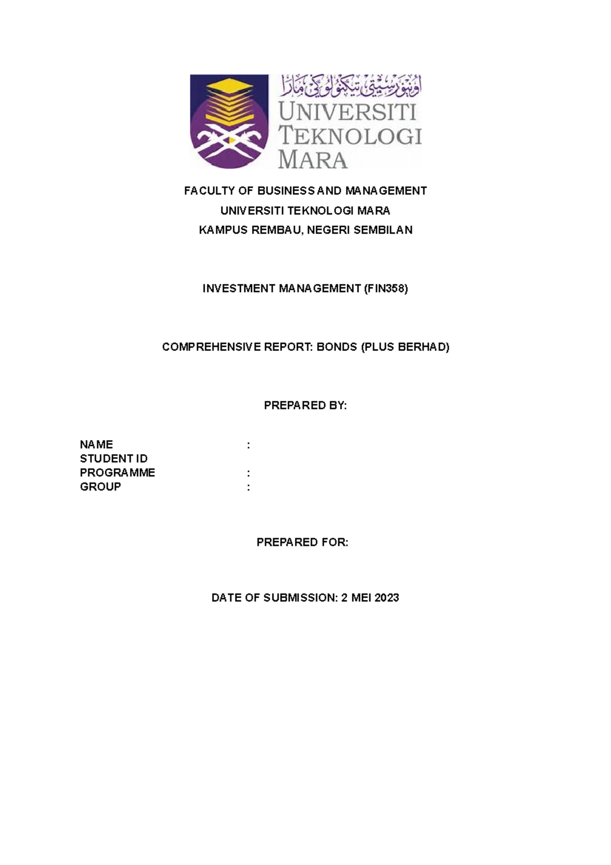 FIN358 IND Assignment - FACULTY OF BUSINESS AND MANAGEMENT UNIVERSITI ...