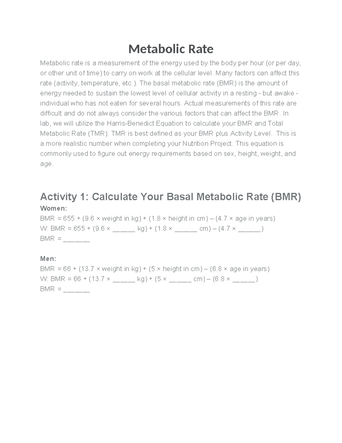 Anatomy & Physiology I (BIO 120) notes - Metabolic Rate Metabolic rate ...