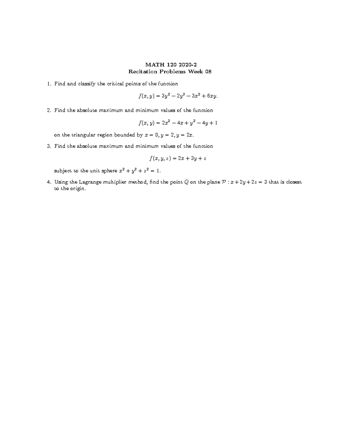 Math120 20202 Recitation Week 08 - MATH 120 2020- Recitation Problems ...