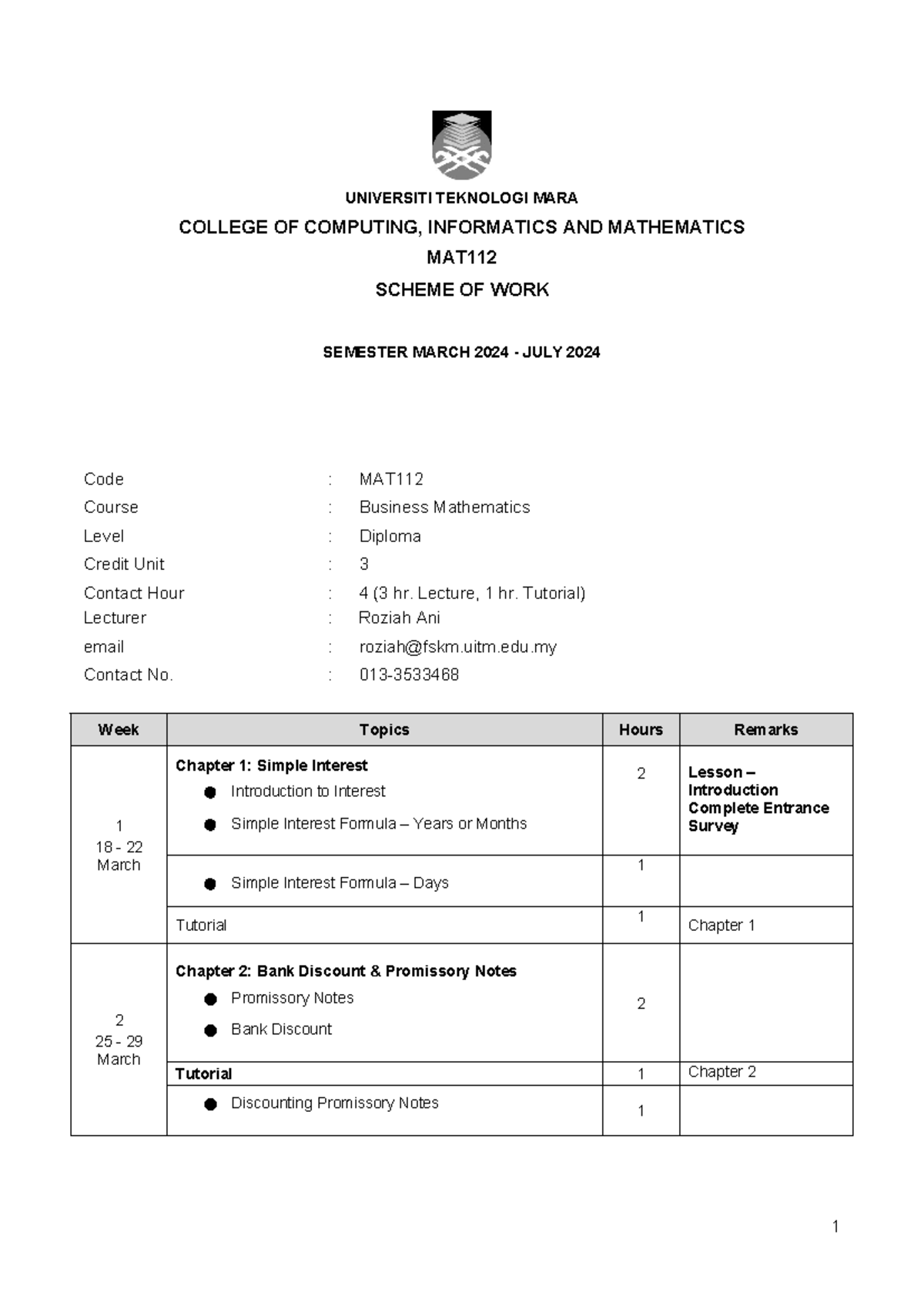 MAT112 Scheme OF WORK March -JULY 2024 - Code : MAT Course : Business ...
