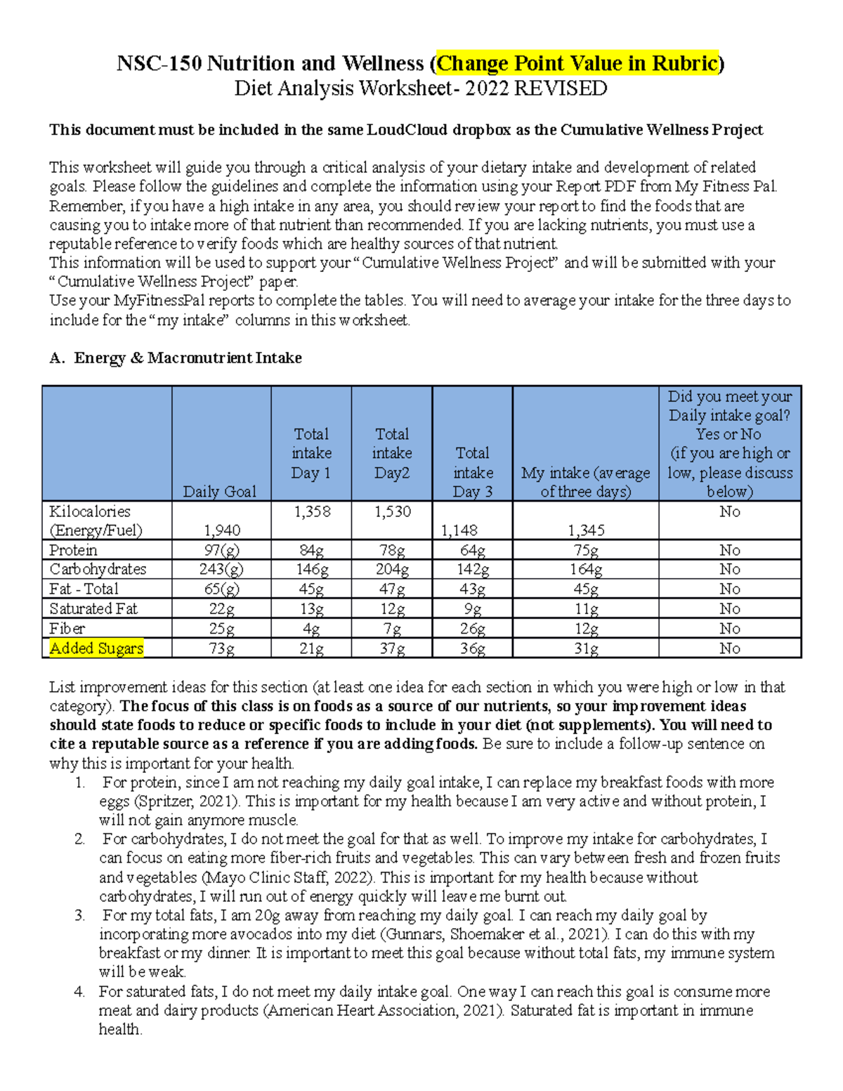 Part4-Diet Analysis Worksheet 2022 - NSC-150 Nutrition and Wellness (Change Point Value in ...