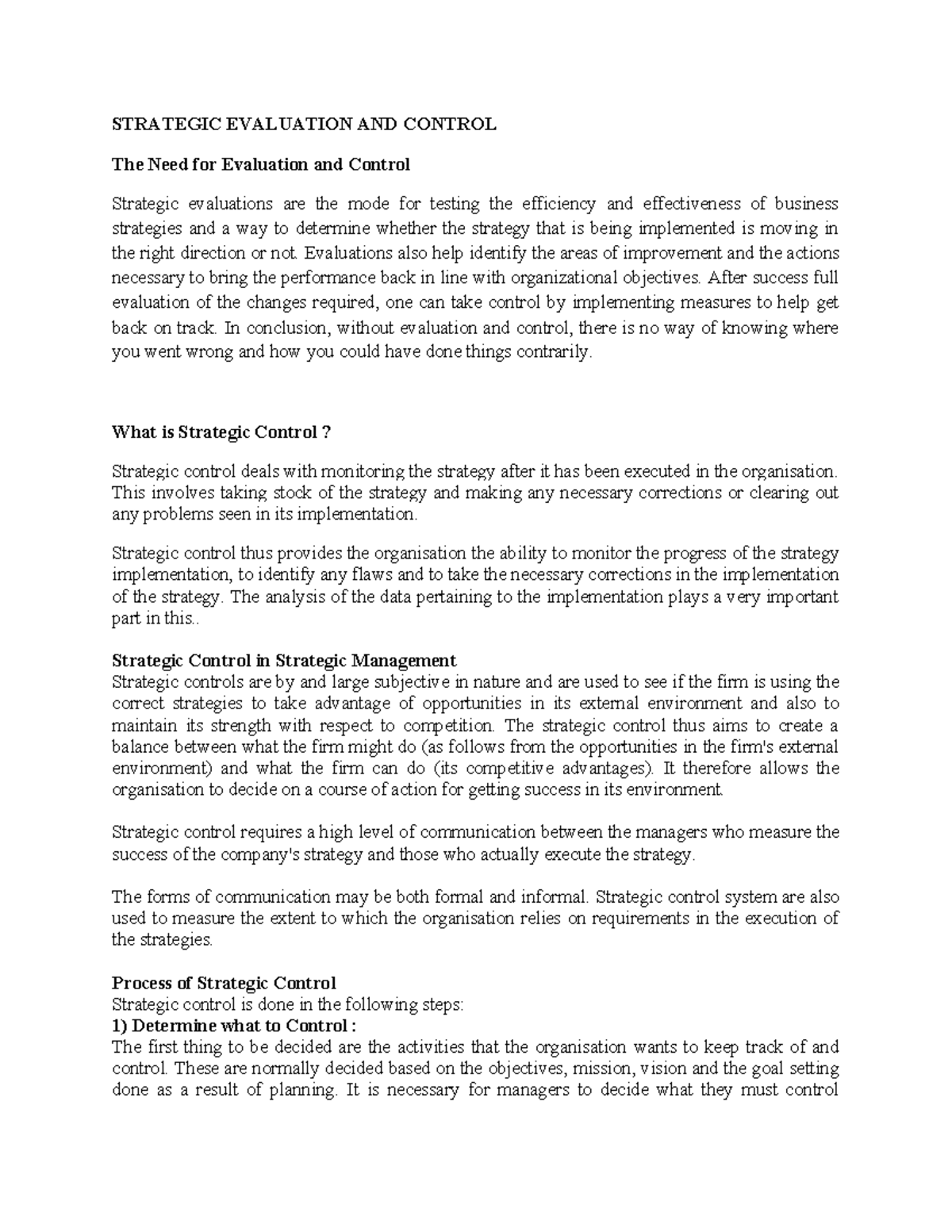 Strategic Evaluation AND Control notes - STRATEGIC EVALUATION AND ...