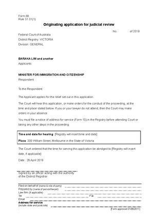 Admin Assignment - Form 66 Rule 31(1) Originating application for ...