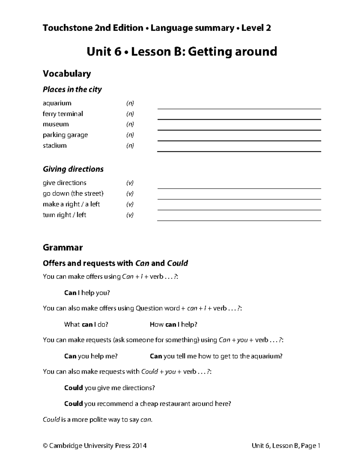 TS2e L2 U6 LB Langsum - Offers and requests - Touchstone 2nd Edition • Language summary • Level ...