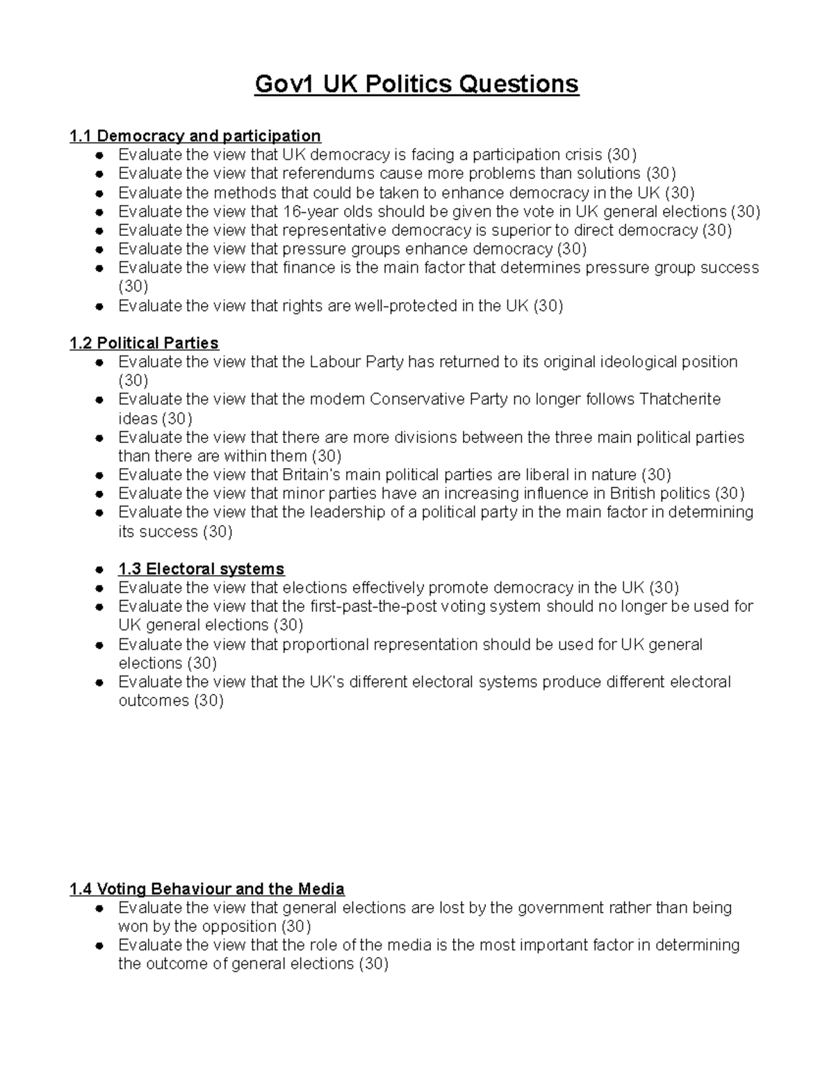 30 mark question list-2 - Gov1 UK Politics Questions 1 Democracy and ...