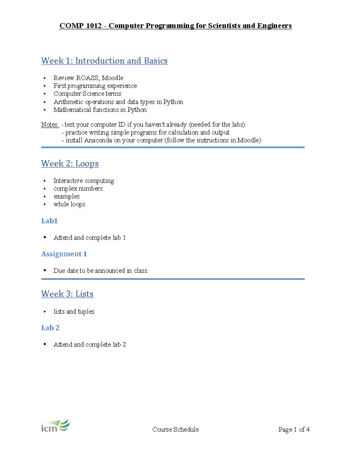 COMP1012 2015 03 Cooper - Week 1: Introduction and Basics Review ROASS, Moodle First programming ...