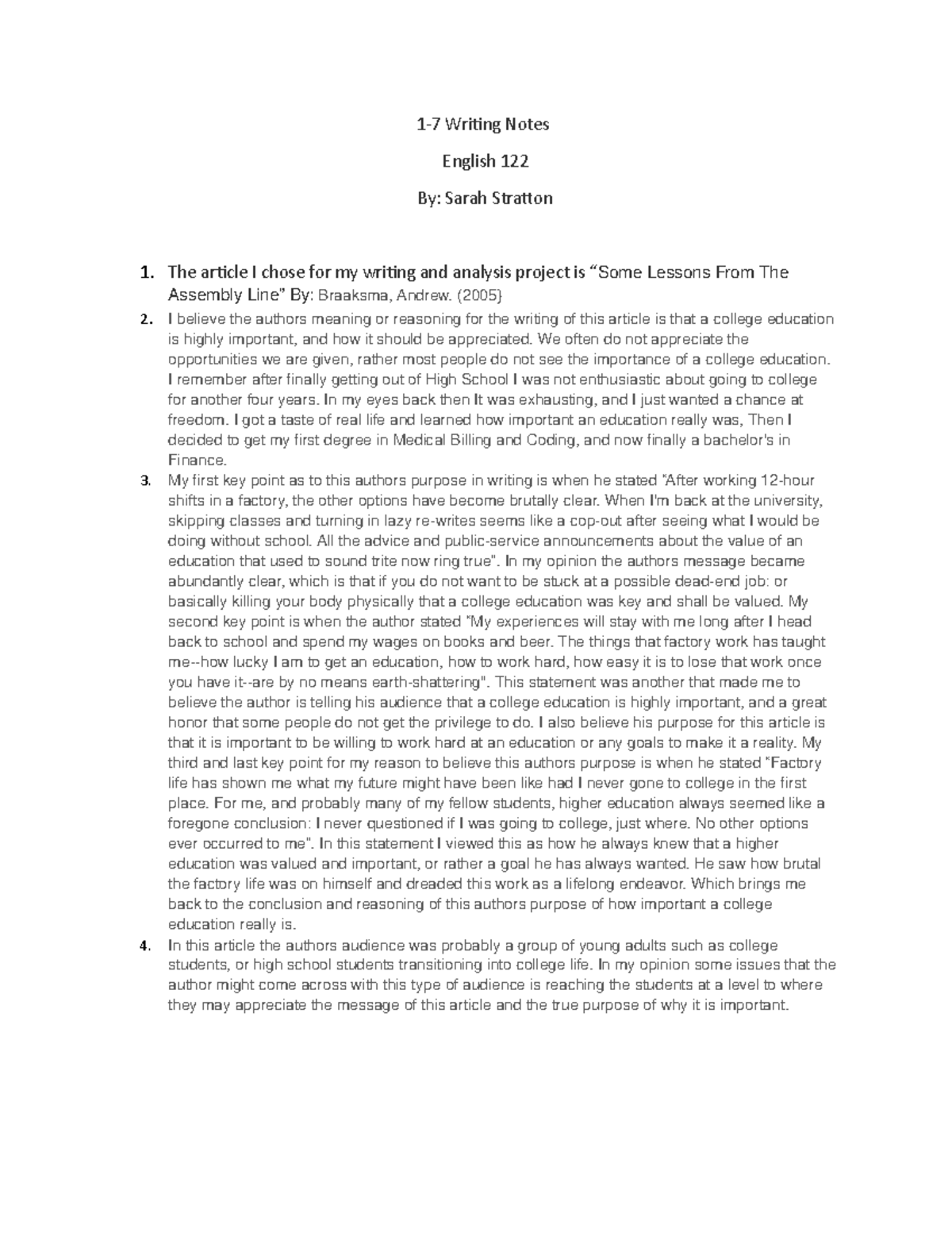 1-7 Writing Notes - Assignment - 1-7 Wriing Notes English 122 By: Sarah ...