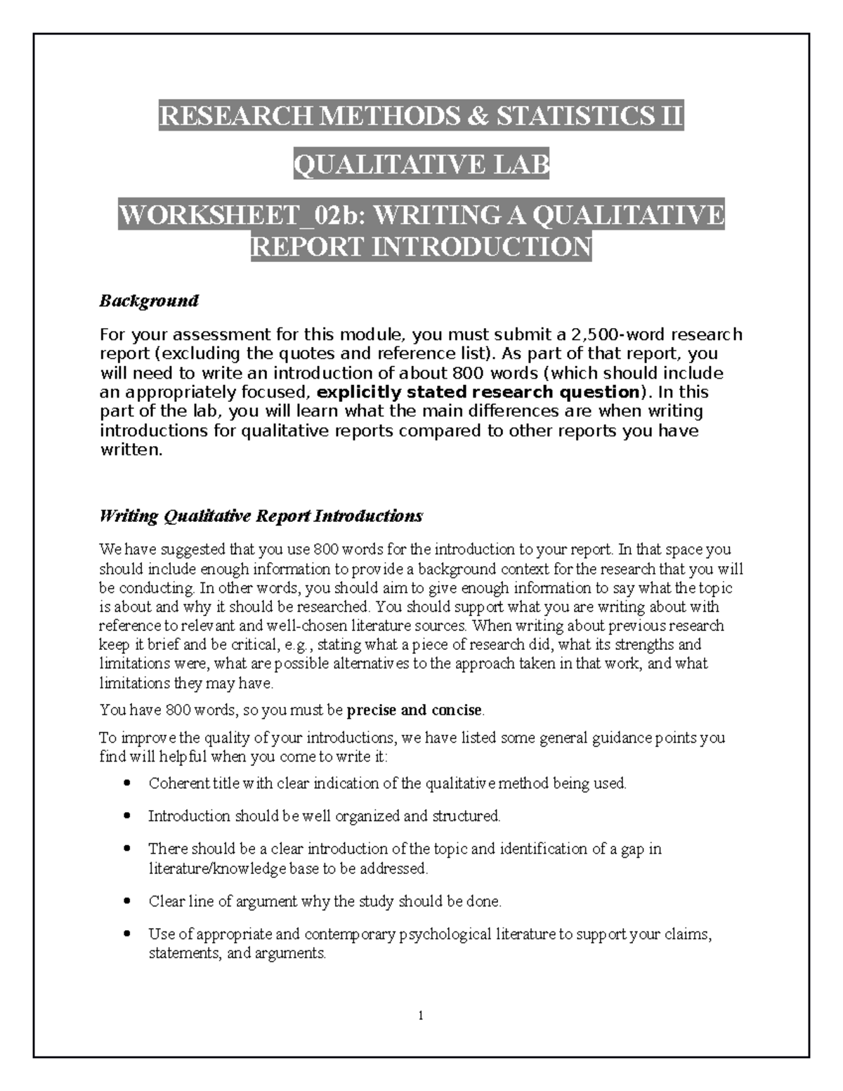 Worksheet 02b - Writing a Qualitative Report Introduction - PSYC001 ...