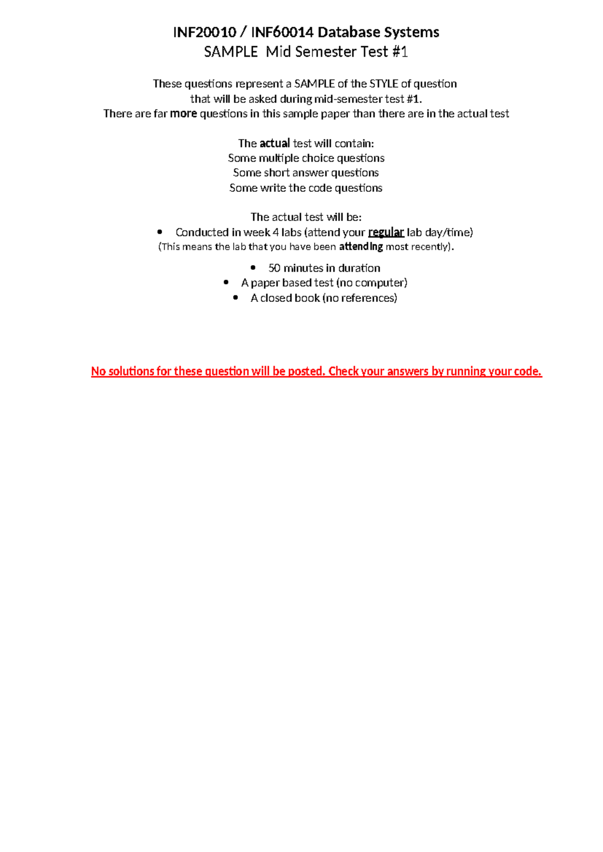 INF2001 0 Test1 Sample Questions - INF20010 / INF60014 Database Systems ...