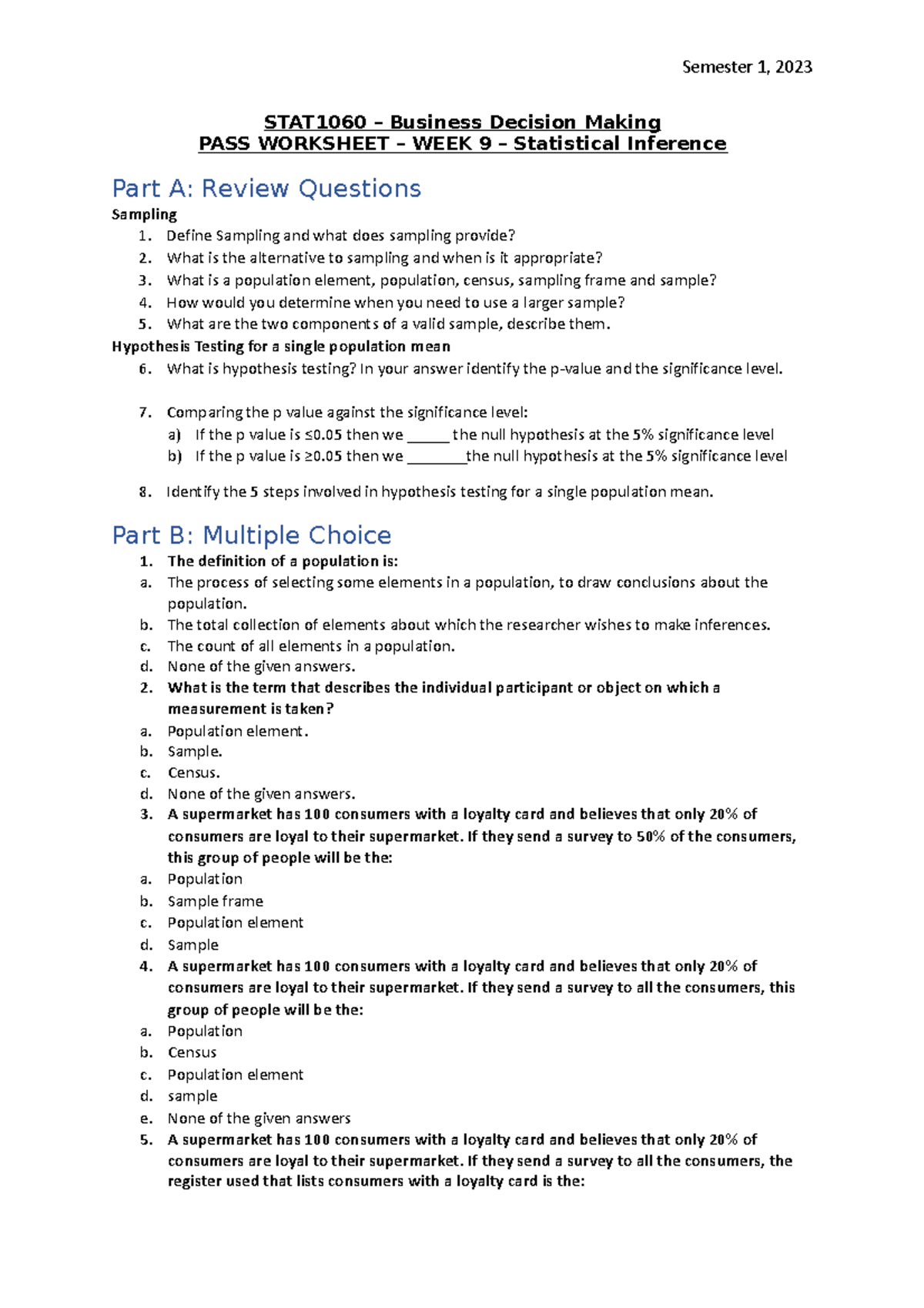 PASS STAT1060 Week 9 1 - Semester 1, 2023 STAT1060 – Business Decision ...