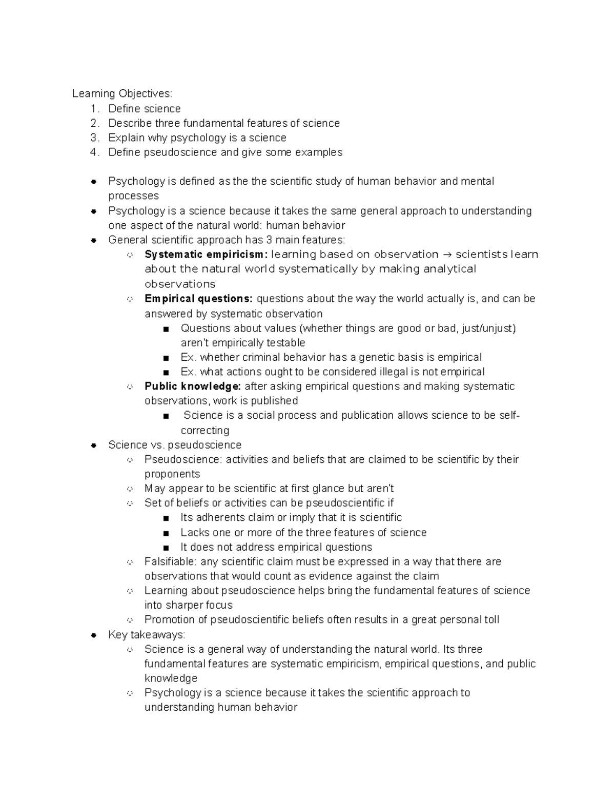 Chapter 1 Notes - Learning Objectives: 1. Define science 2. Describe ...