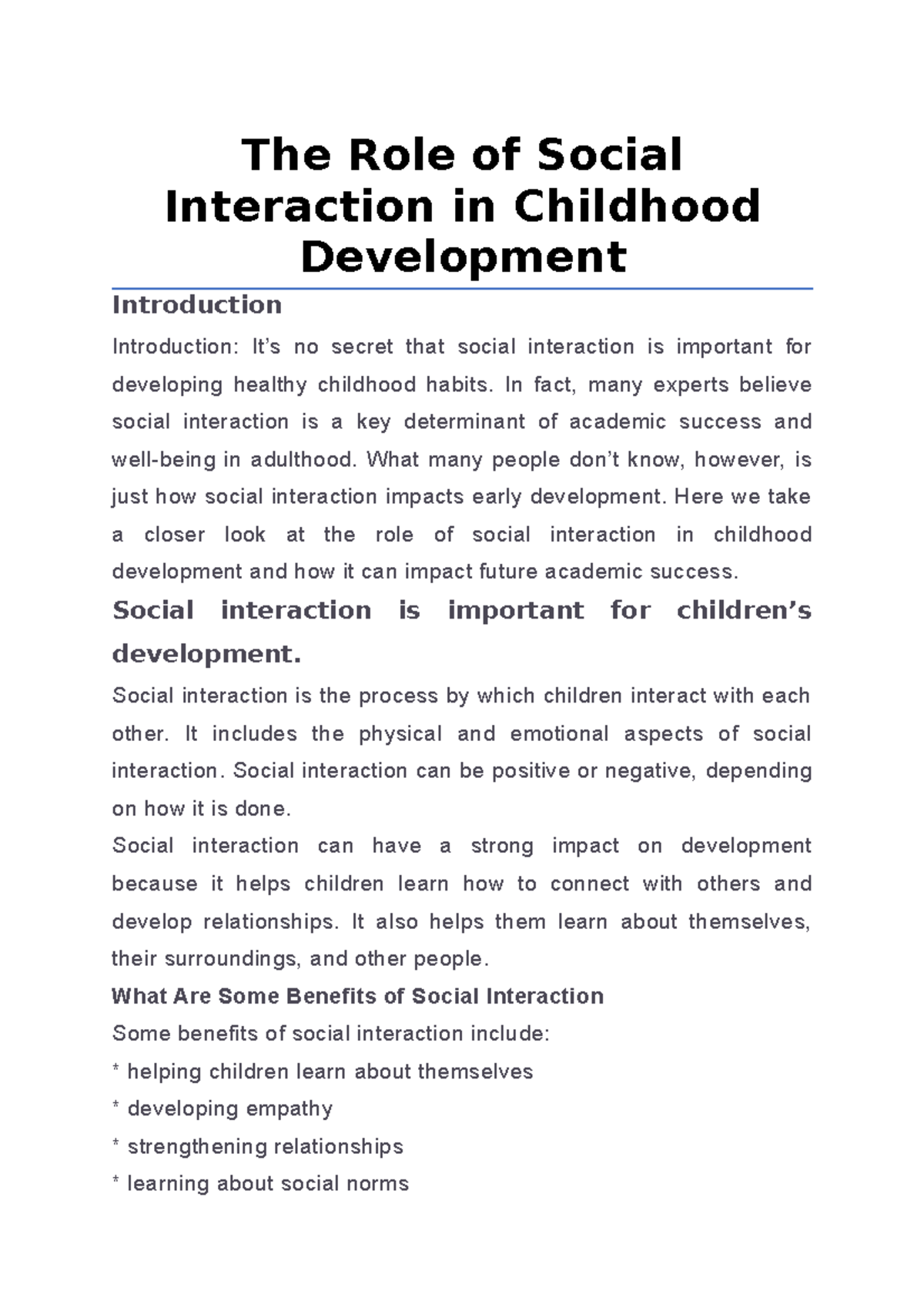 The Role of Social Interaction in Childhood Development - The Role of ...
