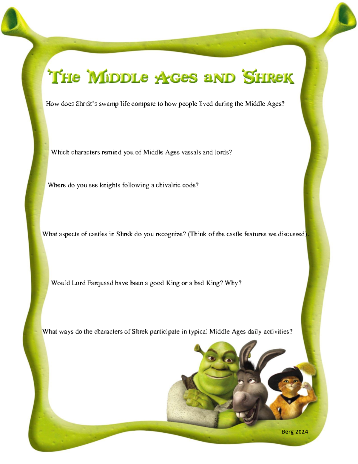 Shrek Film Questions Middle Ages-1 - Berg How does Shrek’s swamp life ...
