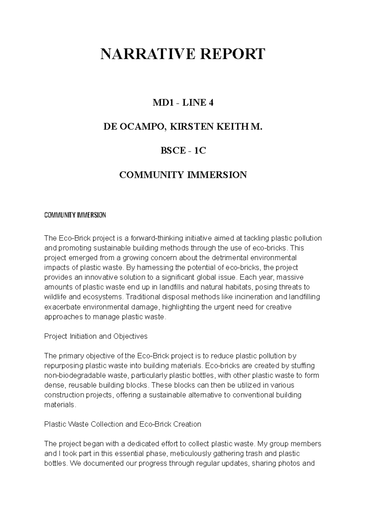 Narrative Report Community Immersion - NARRATIVE REPORT MD1 - LINE 4 DE ...