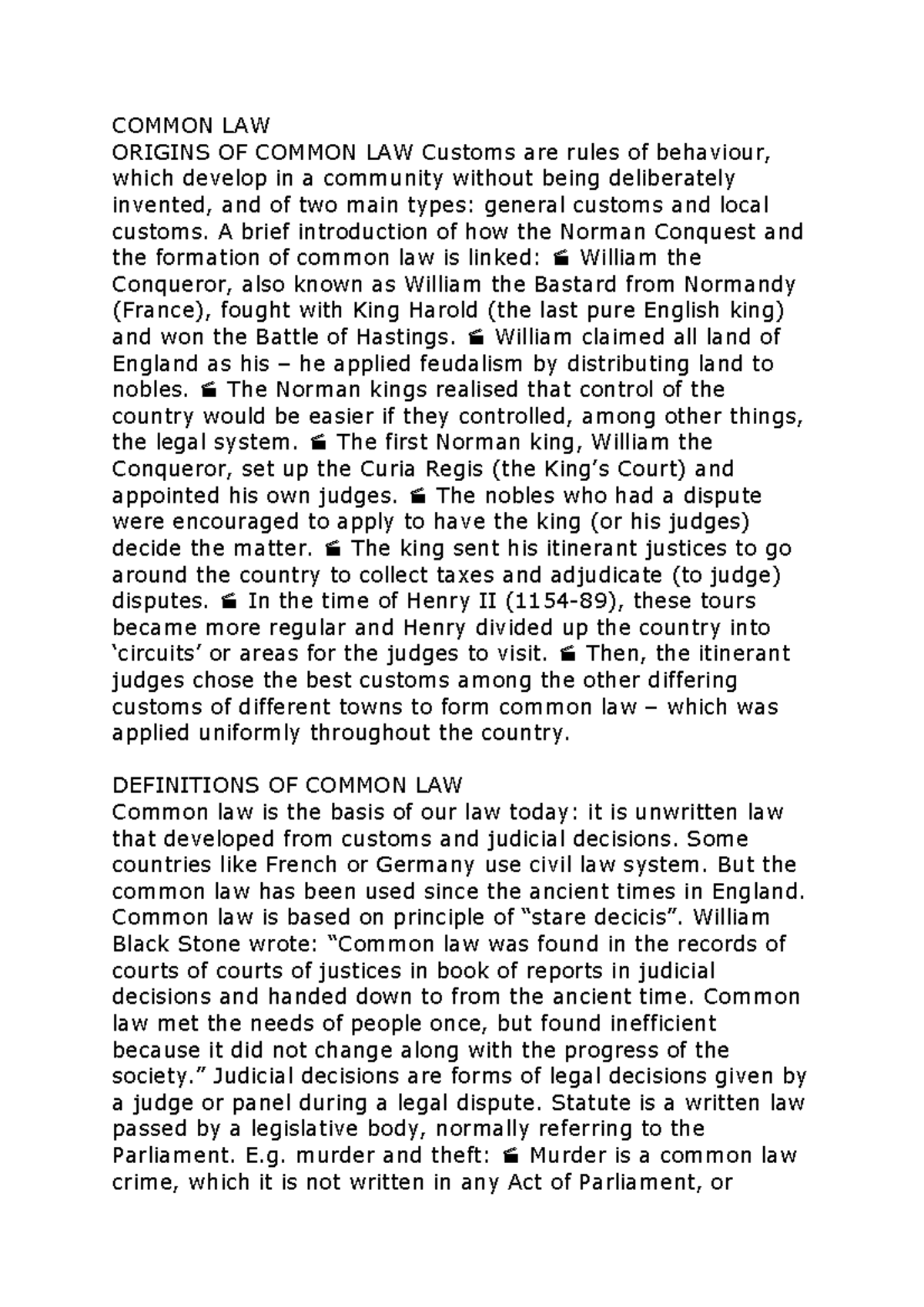Common LAW - Lecture notes - COMMON LAW ORIGINS OF COMMON LAW Customs ...