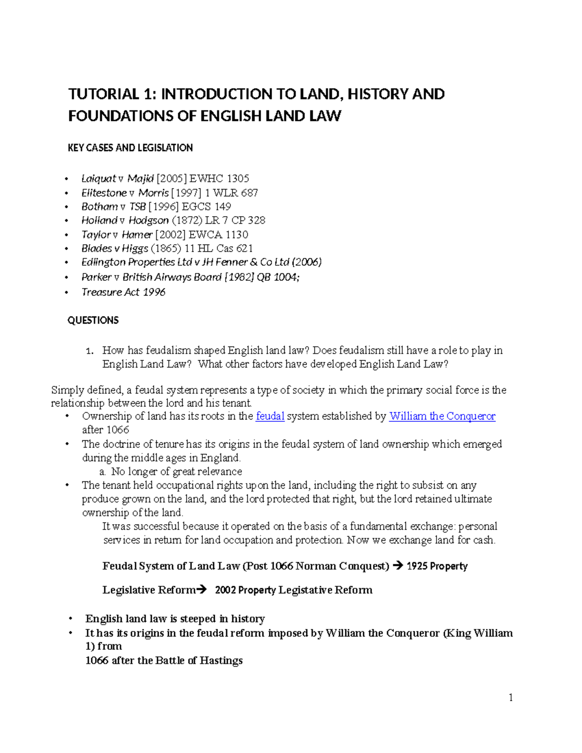 Tutorial 1&2- Intro to land & Unregistered and registered land- land ...