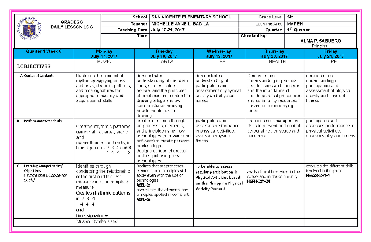 DLL Mapeh 6 Q1 W7 - GRADES 6 DAILY LESSON LOG School SAN VICENTE ...