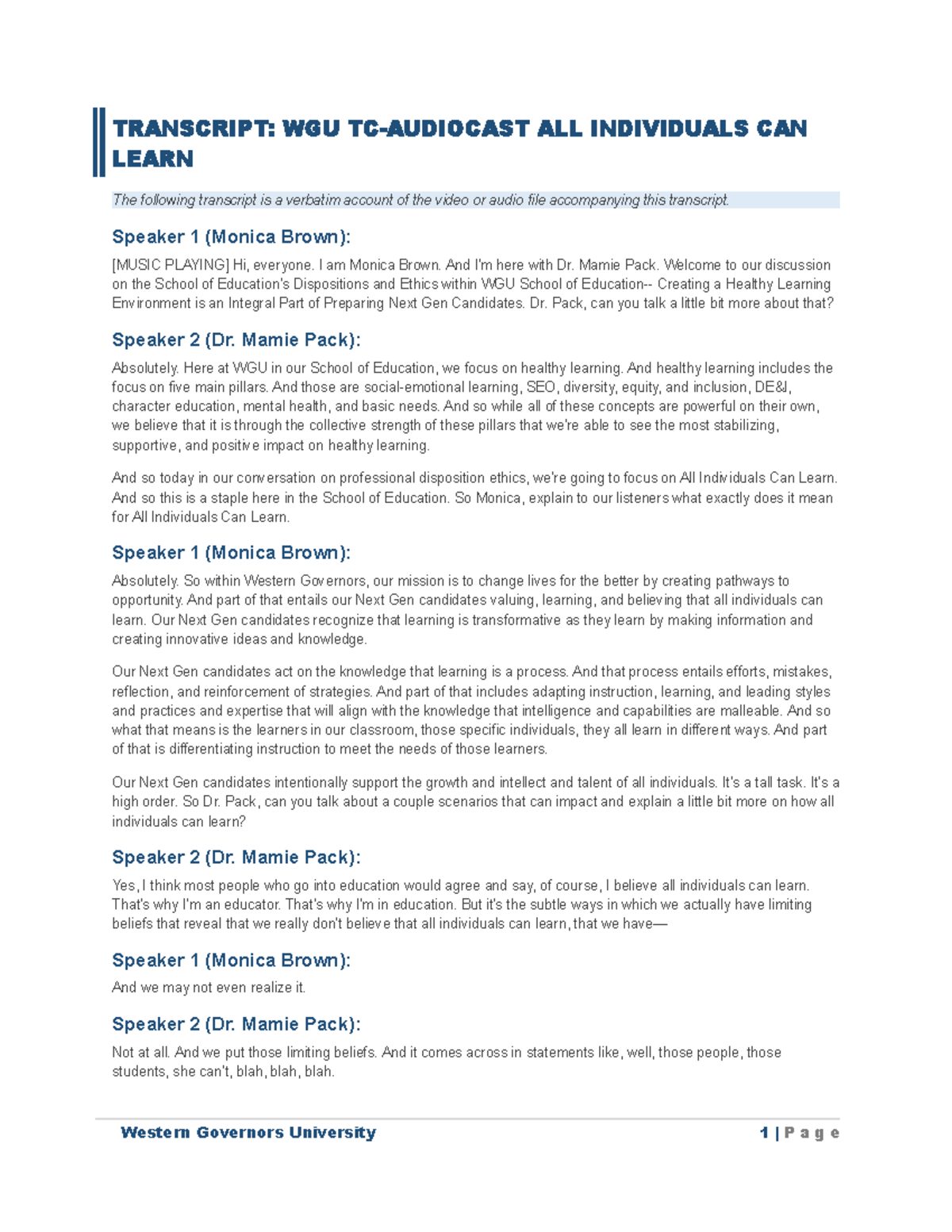 Audiocast transcript all individuals can learn - TRANSCRIPT: WGU TC ...