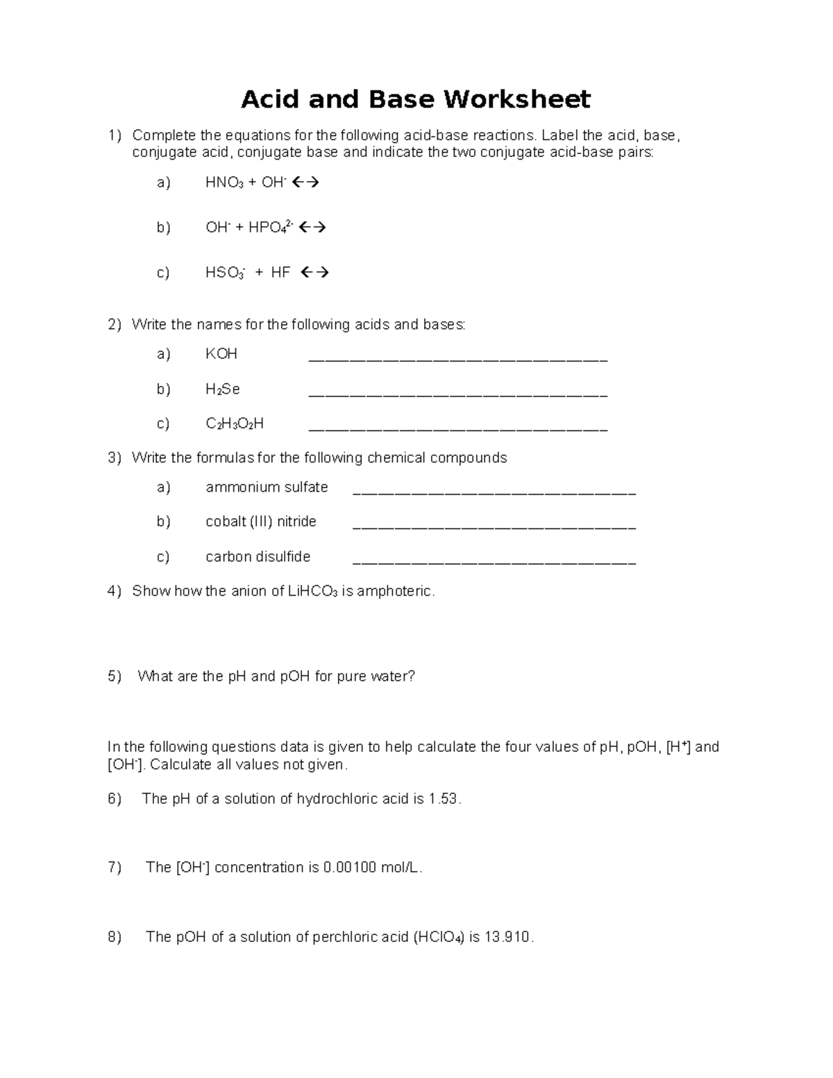 Acid and base worksheet - Acid and Base Worksheet Complete the ...