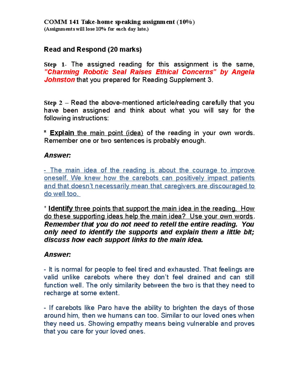 COMM 141 Speaking Assignment Instructions - (Assignments will lose 10% for each day late.) Read ...