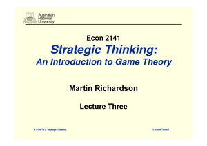 Week 8 - Lecture content for week 8 game theory - LECTURE 1 Subgame perfect equilibrium(SPE) A ...