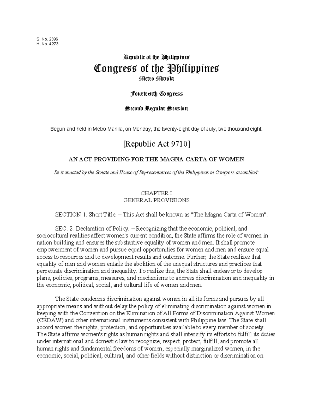 RA 9710 - Magna Carta of Women - S. No. 2396 H. No. 4273 Republic of ...