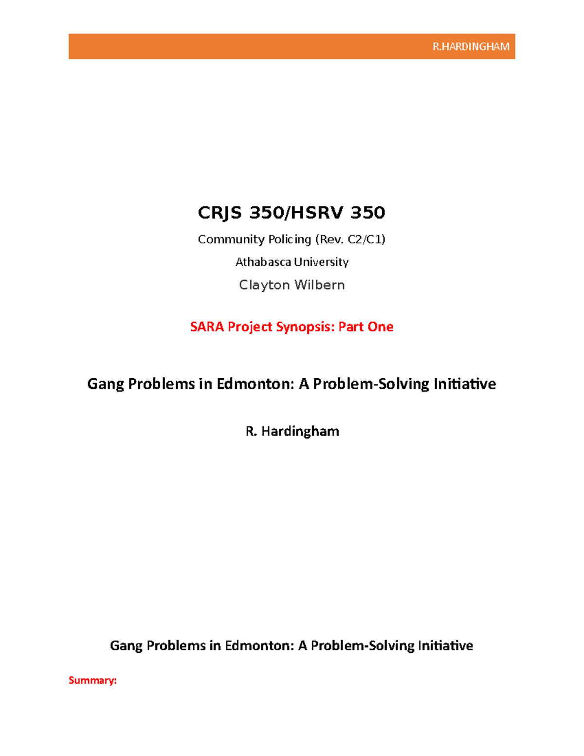 CRJS SARA Project Part One Criminal Justice - CRJS 350/HSRV 350 ...