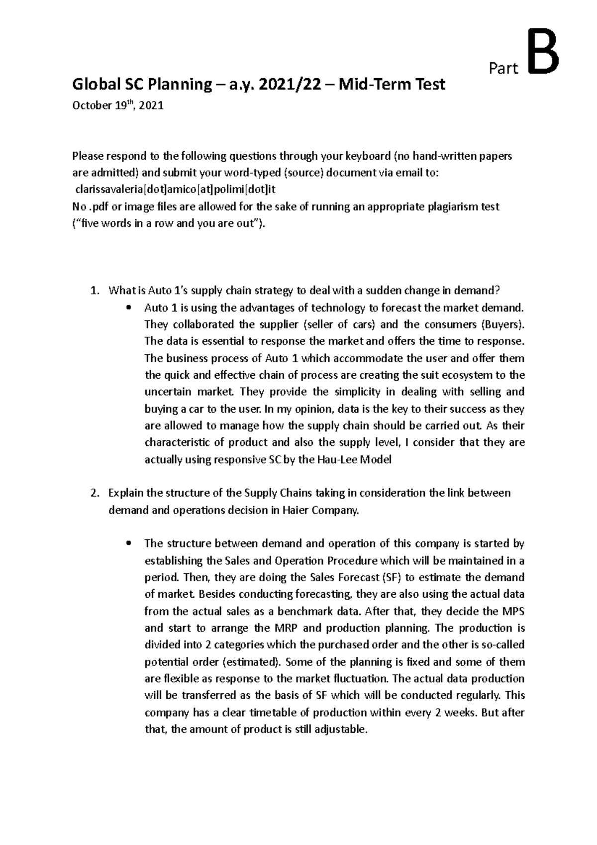 GSC Planning questions mid term exam 19 10 2021 - Global SC Planning ...
