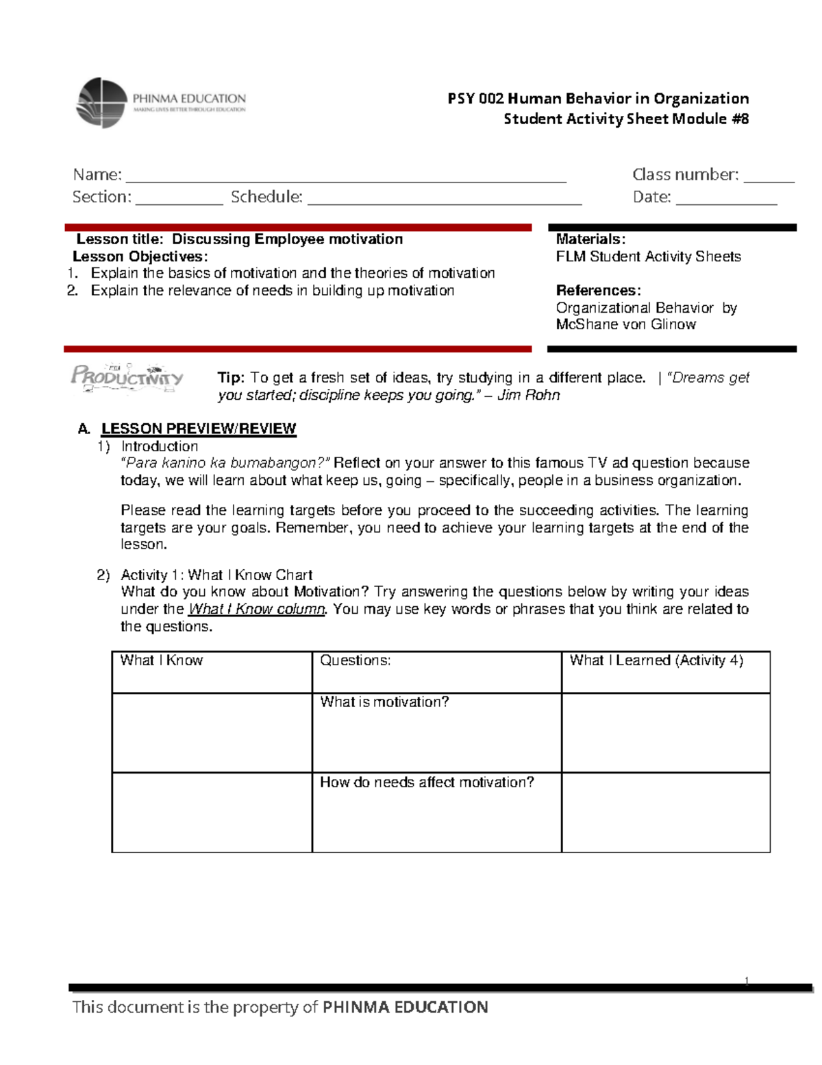 SAS#8-PSY 002 - ORGANIZATIONAL BEHAVIOR - Student Activity Sheet Module # Name: - Studocu