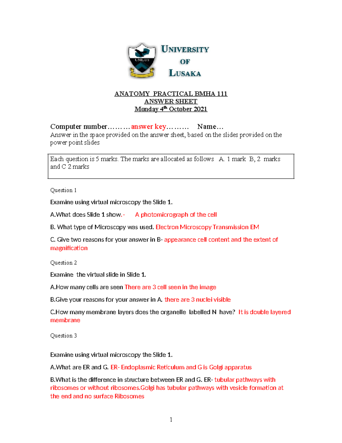 Anatomy Practical Answer key sheet BMHA111 October 2021 Answer key ...