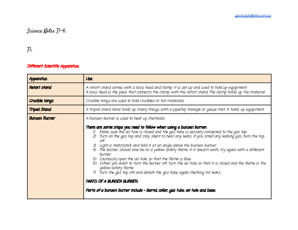 All notes from T1-T4 Year 7, Different Scientific Apparatus, WORD ...