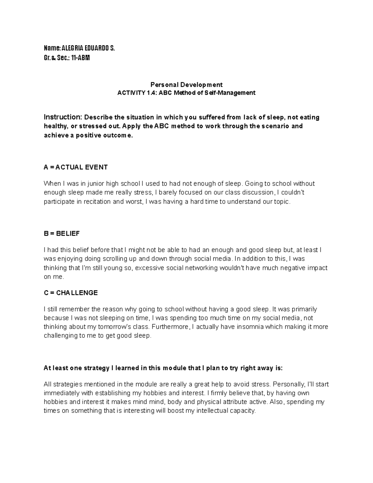 Eduardo Alegria - Activity 1.4 ABC Method of Self-Management - Legal ...