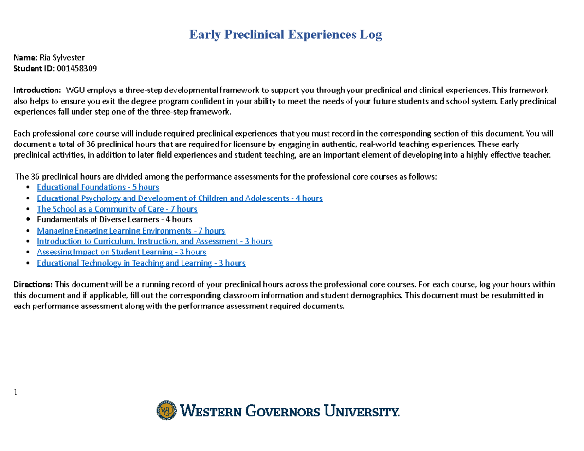 Early Preclinical Experiences Log8620 - Early Preclinical Experiences ...