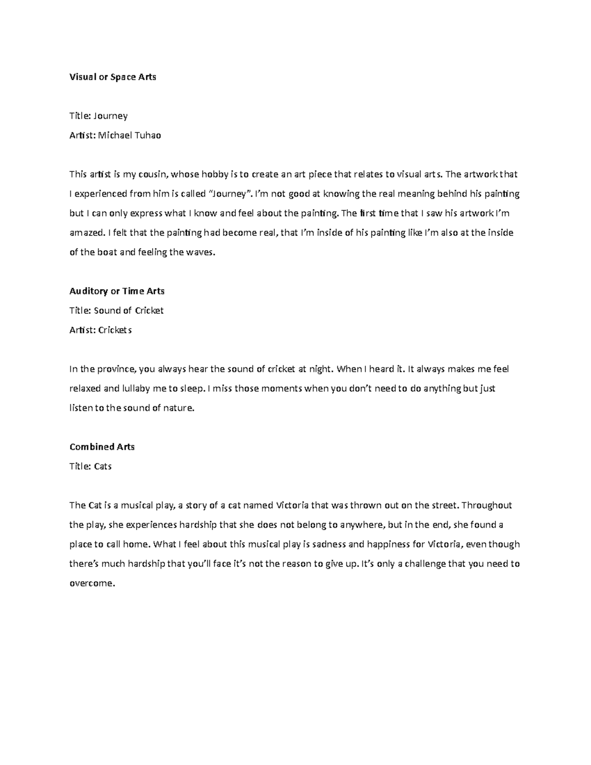 Different type of Arts - Art Appreciation - Visual or Space Arts Title ...