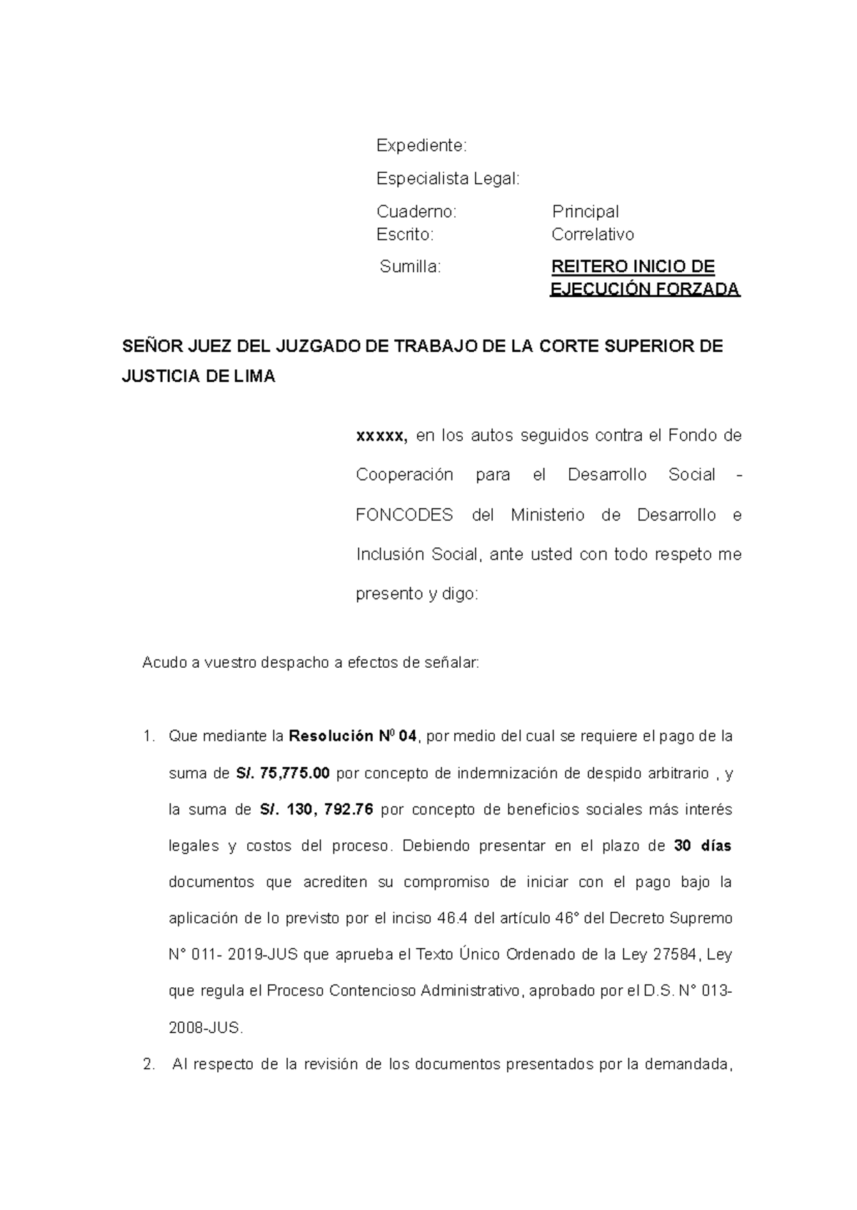 Modelo de requerimiento - Expediente: Especialista Legal: Cuaderno ...