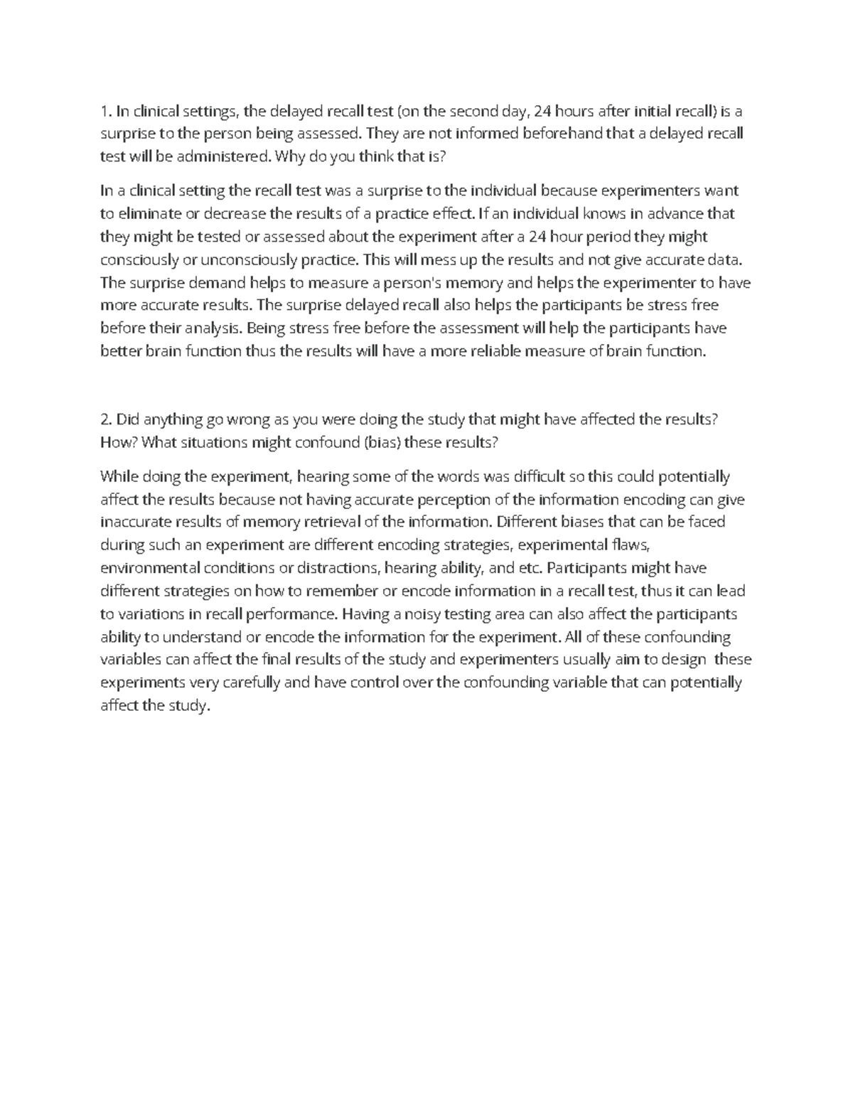 Lab 10 psych - lab - In clinical settings, the delayed recall test (on ...