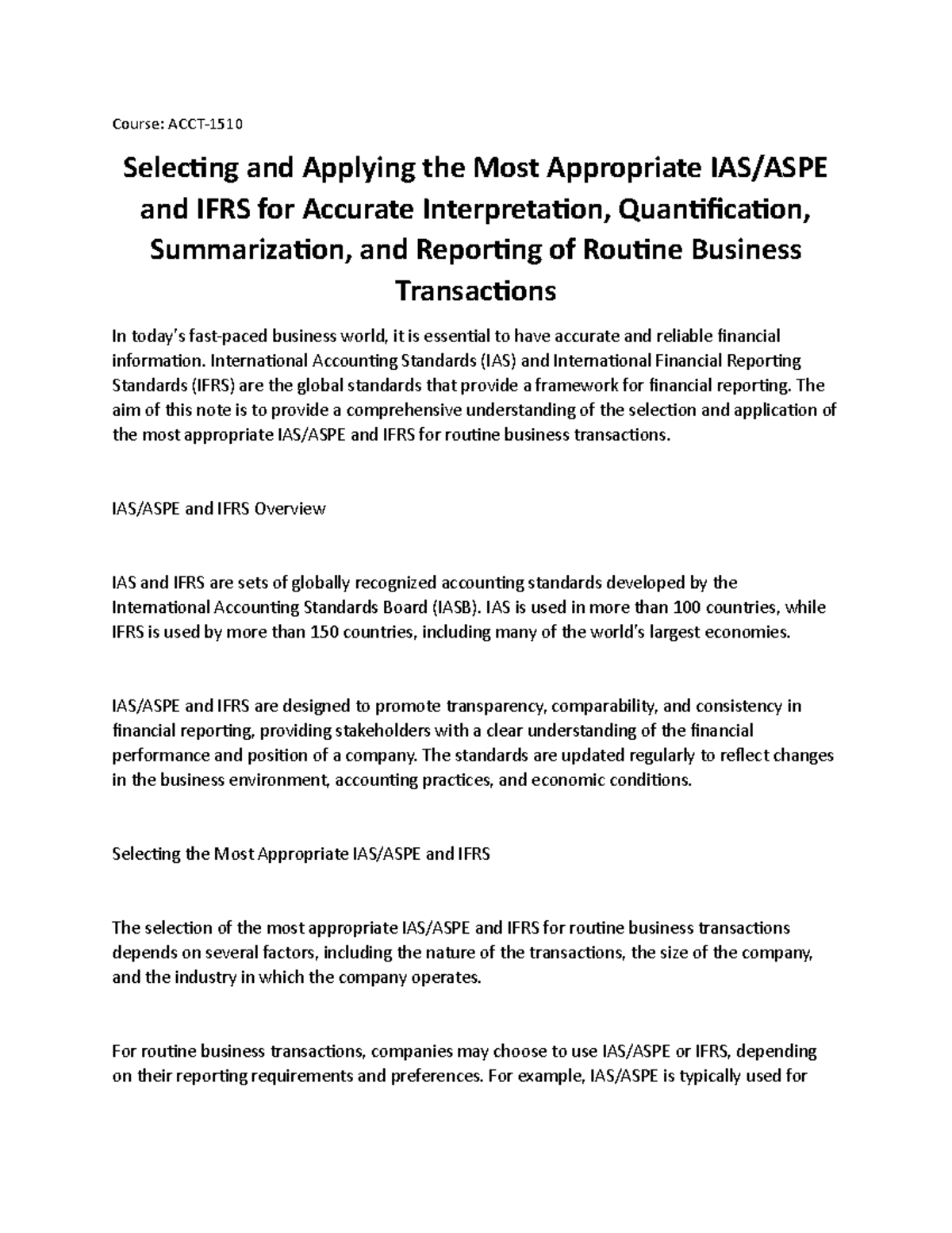 Selecting and Applying the Most Appropriate IAS - Course: ACCT ...