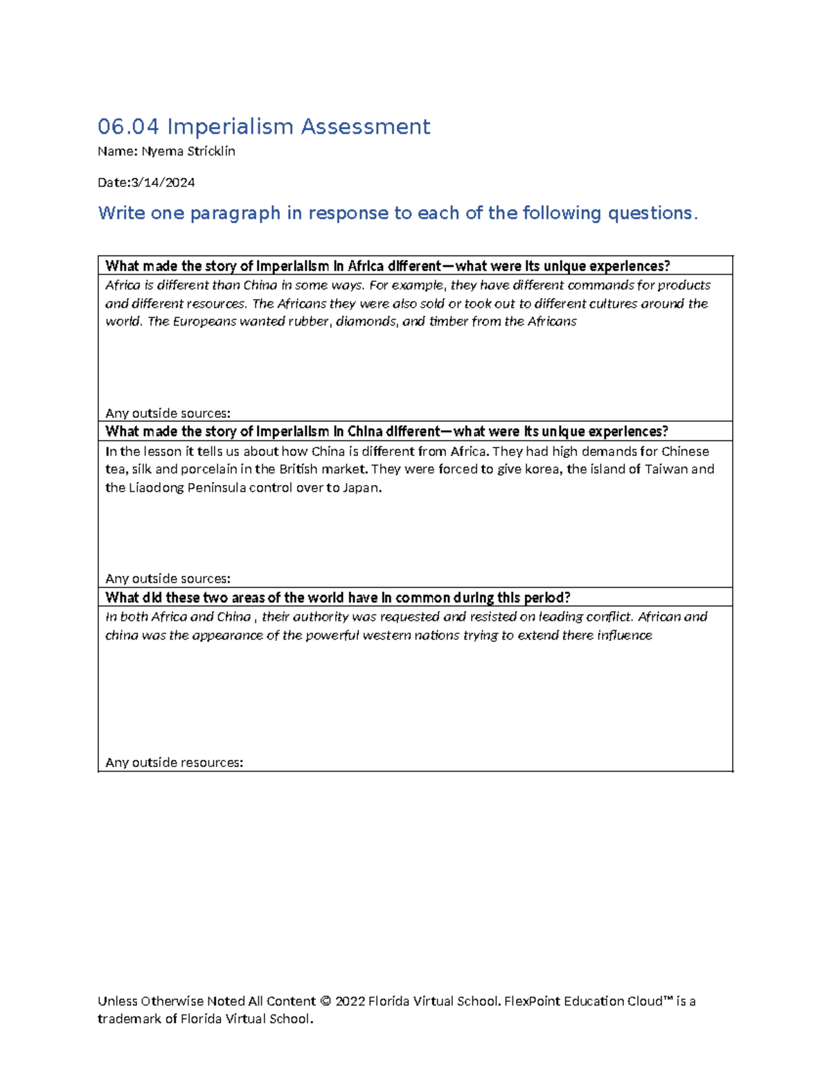 Imperialism wh yourname - 06 Imperialism Assessment Name: Nyema ...