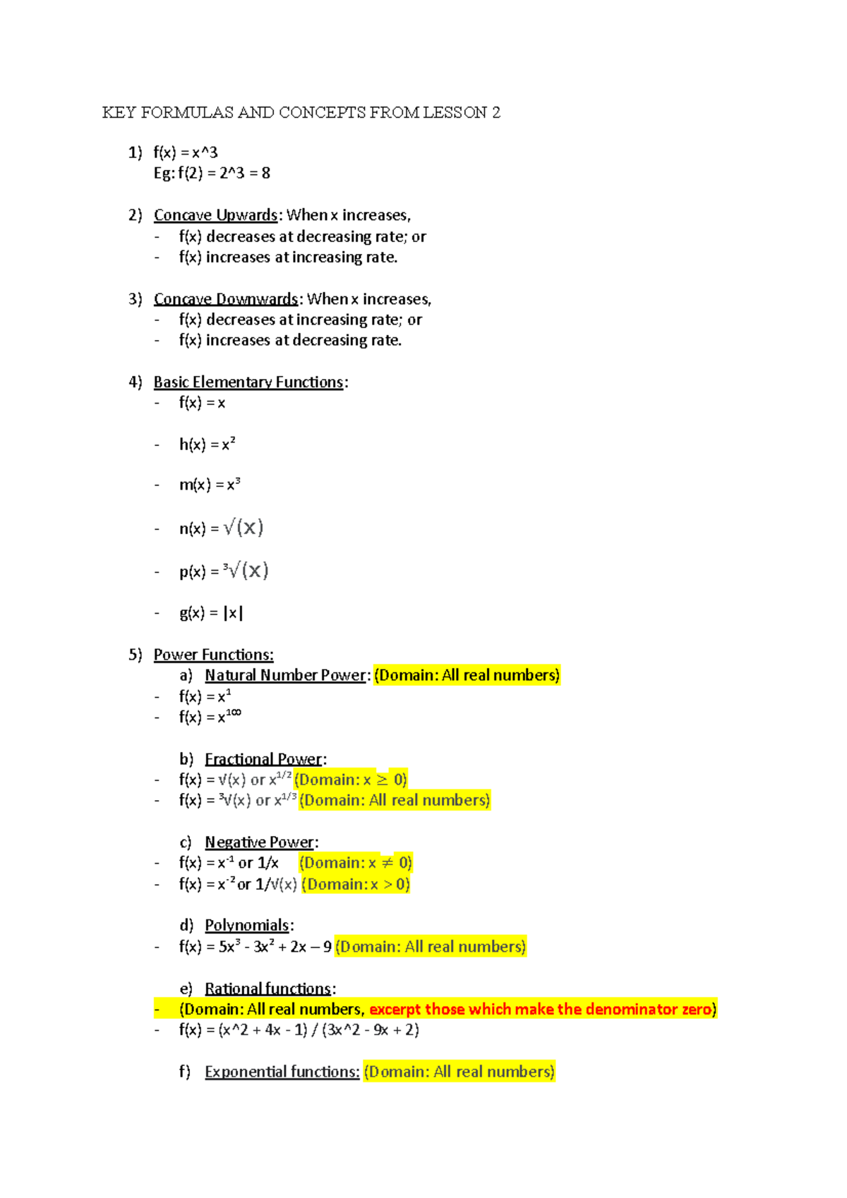 KEY Formulas AND Concepts - KEY FORMULAS AND CONCEPTS FROM LESSON 2 f(x ...