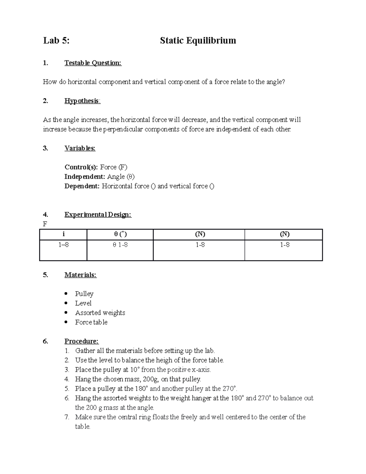 PHY111L Lab 5 - Summer Sec - Lab 5: Static Equilibrium Testable ...