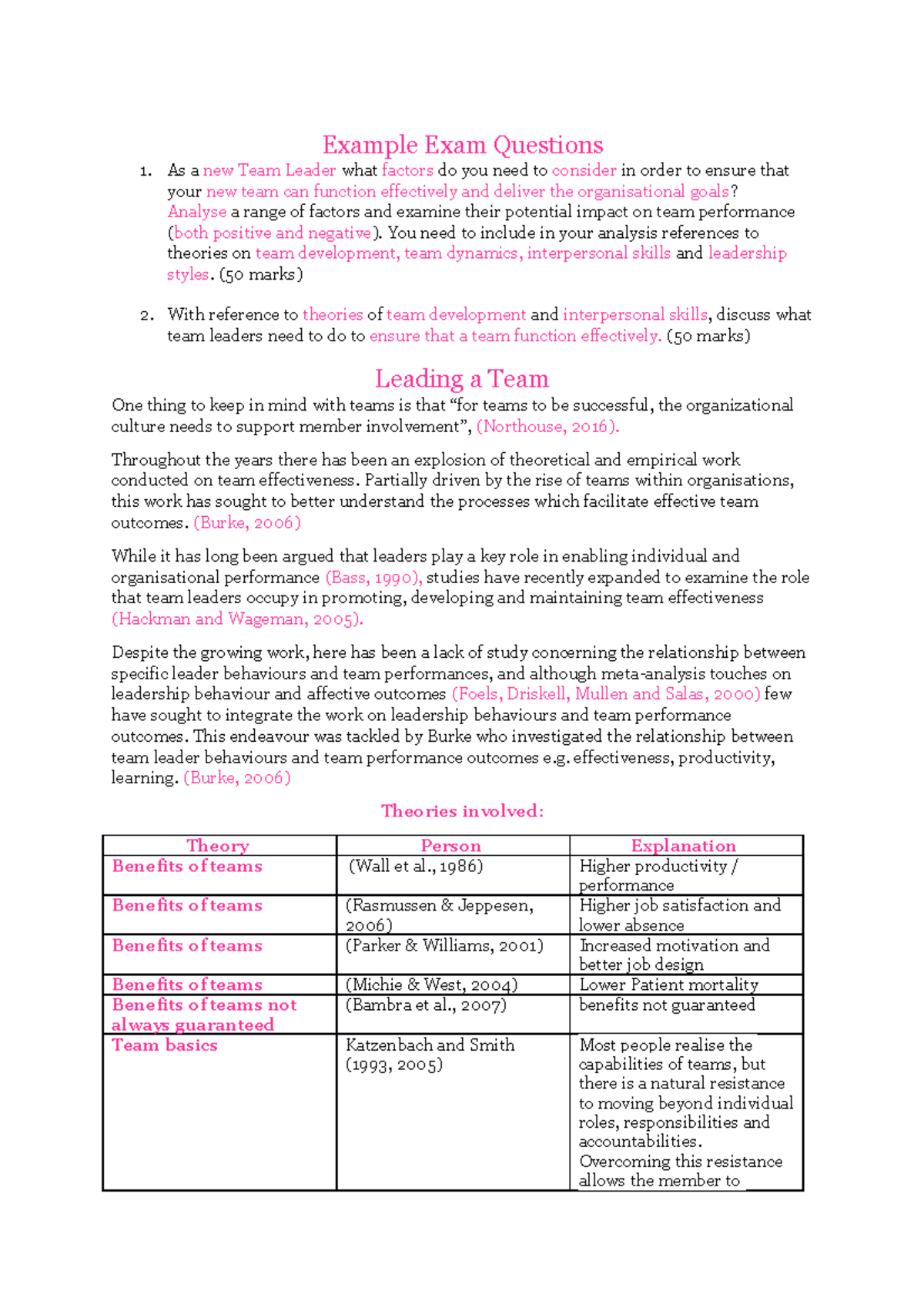 Leading a team revision - Example Exam Questions As a new Team Leader ...