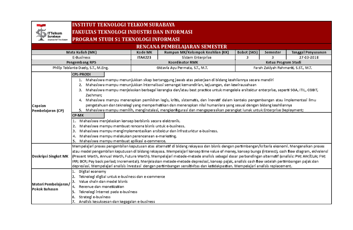 E-Business - Lessons plan - INSTITUT TEKNOLOGI TELKOM SURABAYA FAKULTAS ...